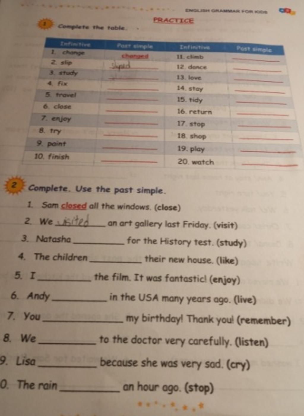 Complete the table. Infinitive 1. change 2. slip 3. study 4. fix 5. travel 6. close 7. enjoy 8 ...