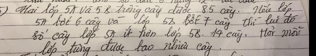 Thai lớp 5 và 58 trồng cây được 85 cây. nếu lớp 57 lot 6 cag và lop 5B ...