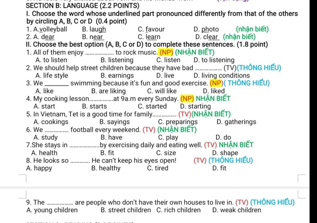 SECTION B: LANGUAGE (2.2 POINTS) I. Choose the word whose underlined part pronounced differently ...