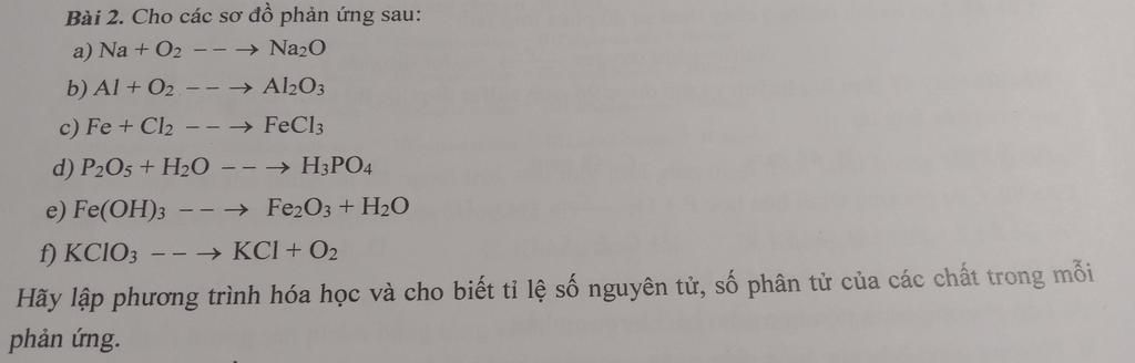 Bài 2. Cho các sơ đồ phản ứng sau: a) Na+ O2 b) Al+ 02 → Na2O → Al2O3 c) Fe + Cl2 -- → FeCl3 d ...
