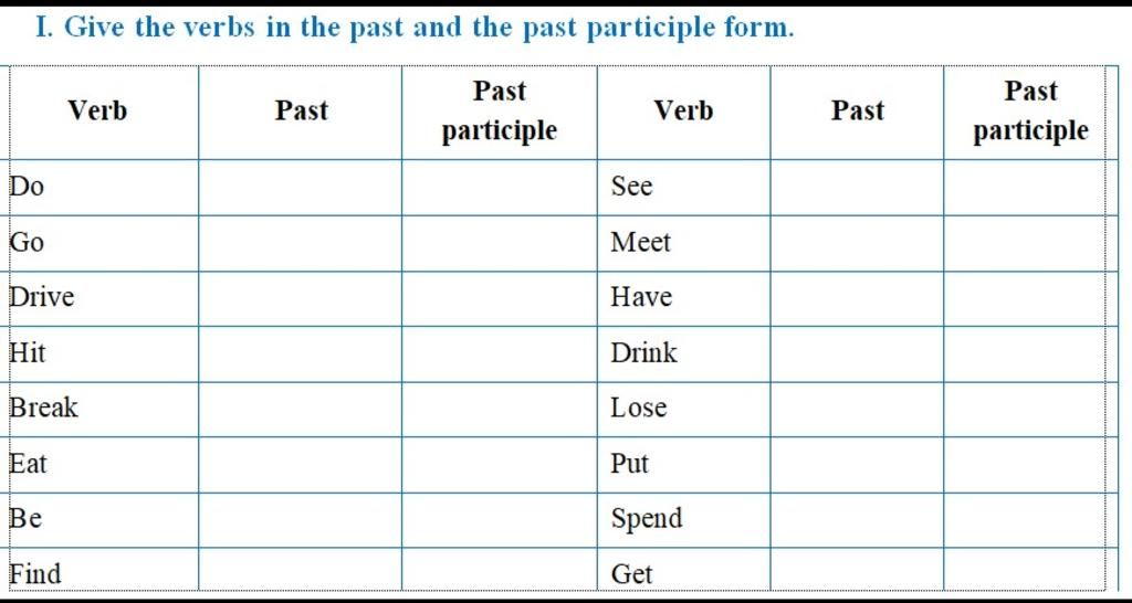 I. Give the verbs in the past and the past participle form. Do Go Verb ...