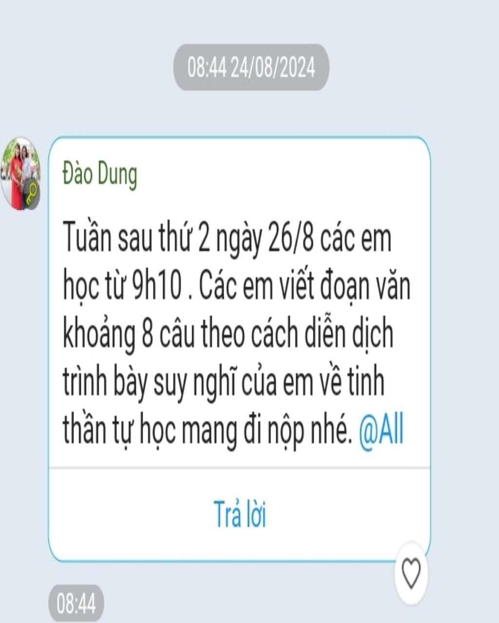 08:44 24/08/2024 Đào Dung Tuần sau thứ 2 ngày 26/8 các em học từ 9h10 ...