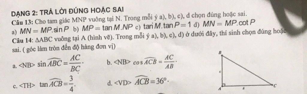 DẠNG 2: TRẢ LỜI ĐÚNG HOẶC SAI Câu 13: Cho tam giác MNP vuông tại N. Trong mỗi ý a), b), c), d ...
