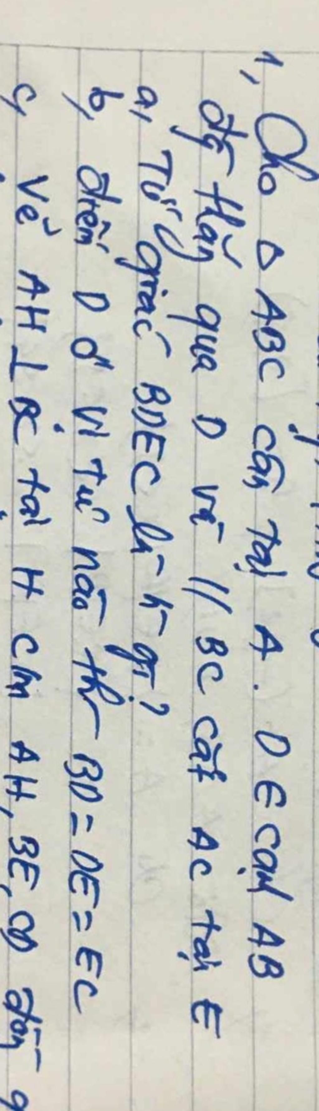 1, Cho ABC can tal A. DE can AB og thay que D vi'll BC cat Ac tai E và ...