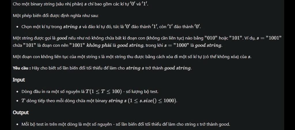 Input: 3 001 110 01011001 Output: 0 0 3 Code c++ hoặc python.Cho một ...