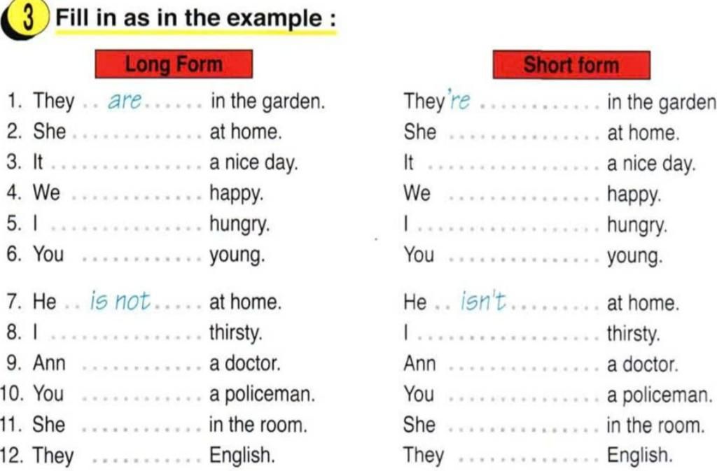 3 Fill in as in the example : Long Form 1. They are ... in the garden ...