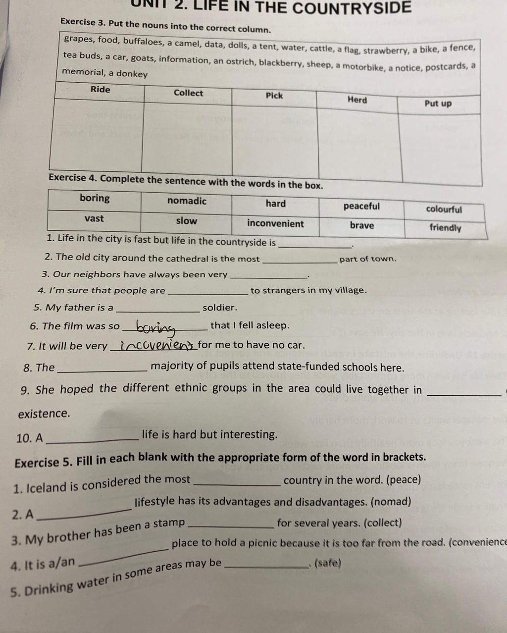 IN THE COUNTRYSIDE Exercise 3. Put the nouns into the correct column ...