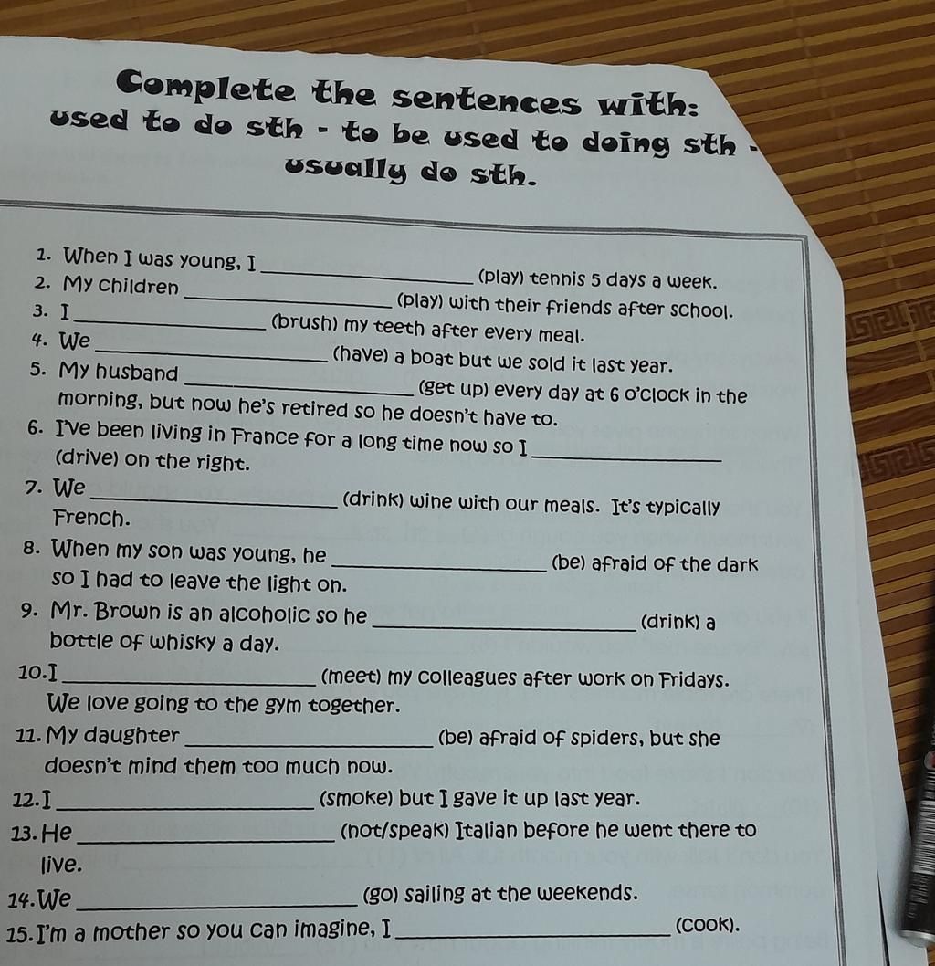 Complete the sentences with: used to do sth to be used to doing sth ...