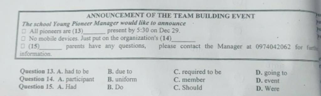 ANNOUNCEMENT OF THE TEAM BUILDING EVENT The school Young Pioneer ...