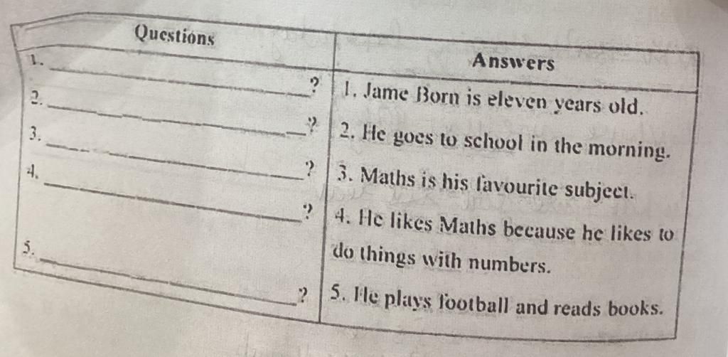C 3. 4. 5. Questions Answers 1. Jame Born is eleven years old. 2. He ...