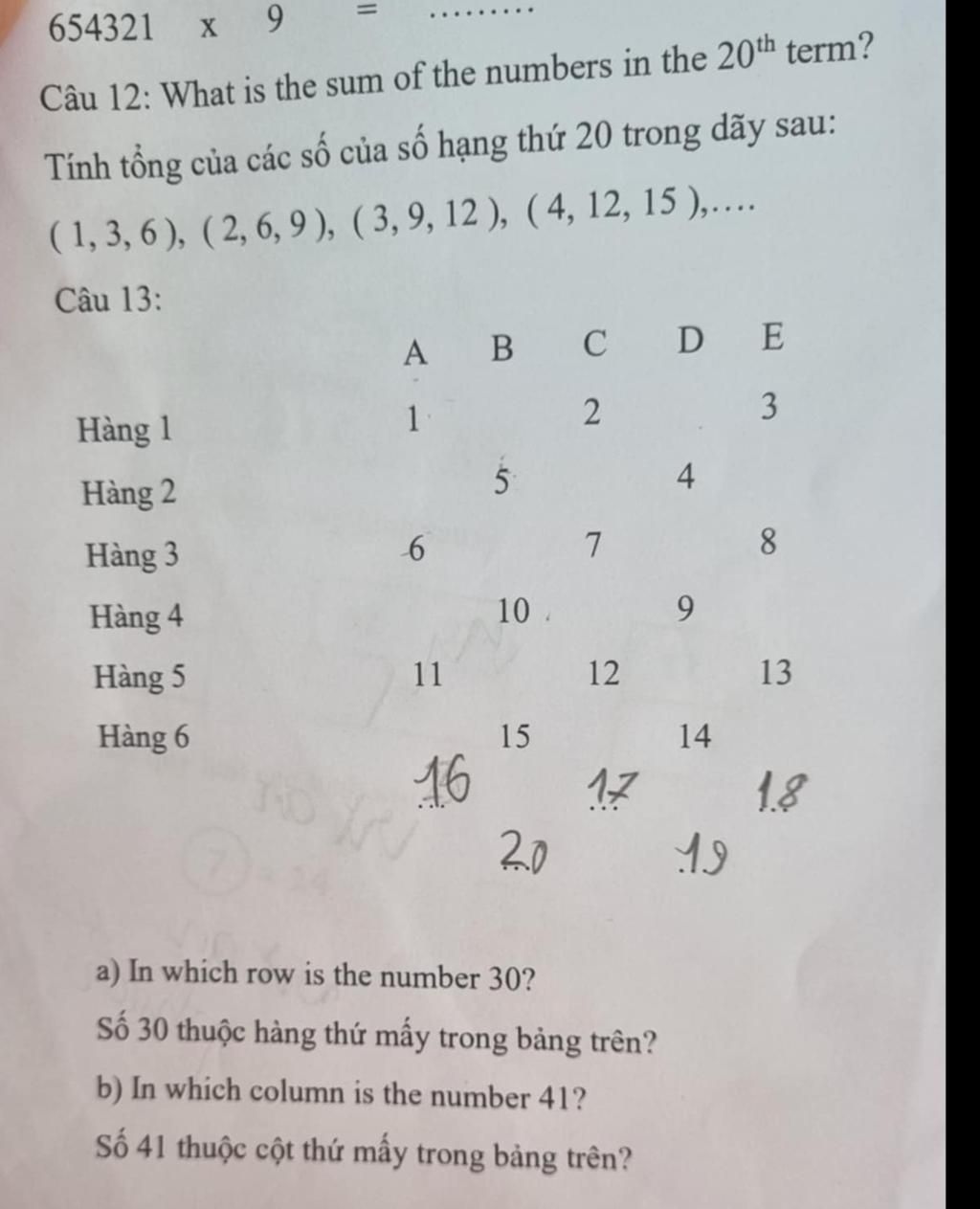 654321 x 9 Câu 12: What is the sum of the numbers in the 20th term ...