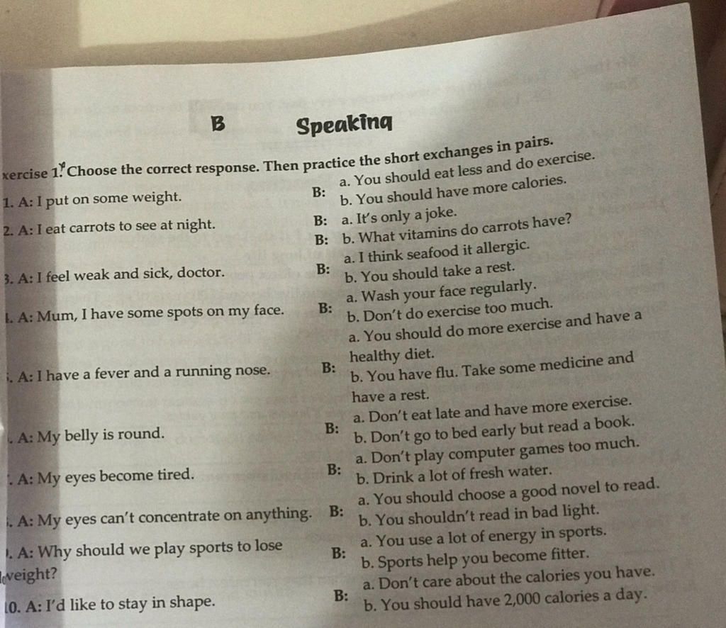 B Speaking xercise 1. Choose the correct response. Then practice the ...