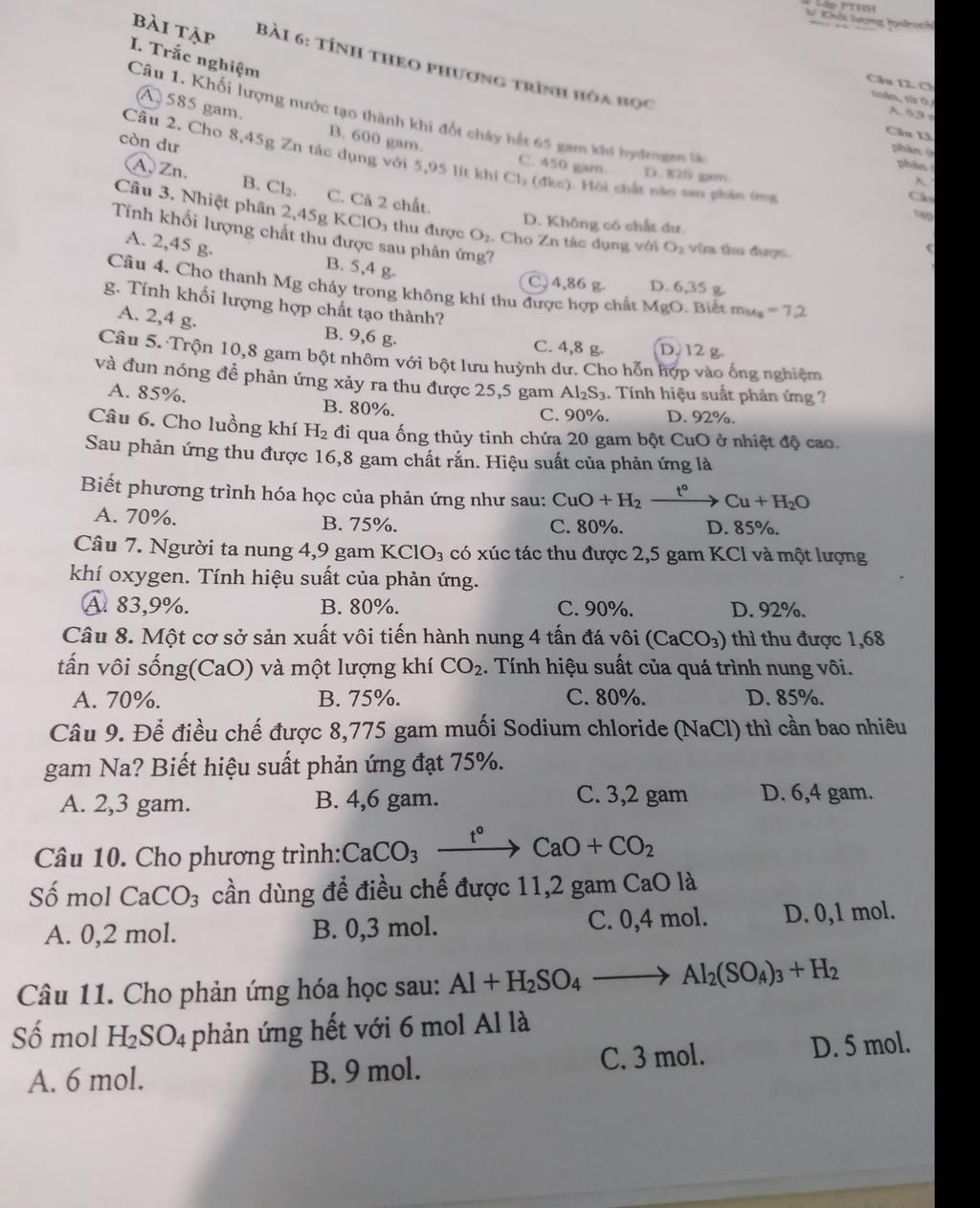 PTHH Kong droch BÀI TẬP I. Trắc nghiệm BÀI 6: TÍNH THEO PHƯƠNG TRÌNH ...
