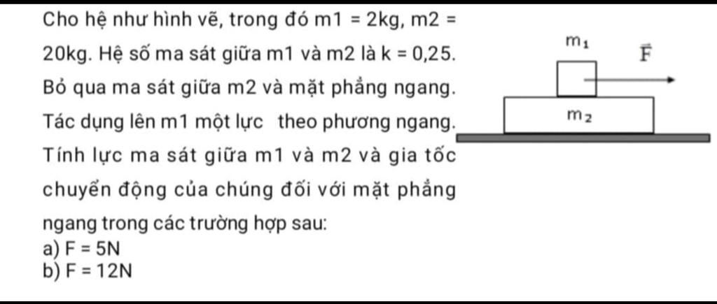 Cho hệ như hình vẽ, trong đó m1 = 2kg, m2 = 20kg. Hệ số ma sát giữa m1 và m2 là k = 0,25. Bỏ qua ...