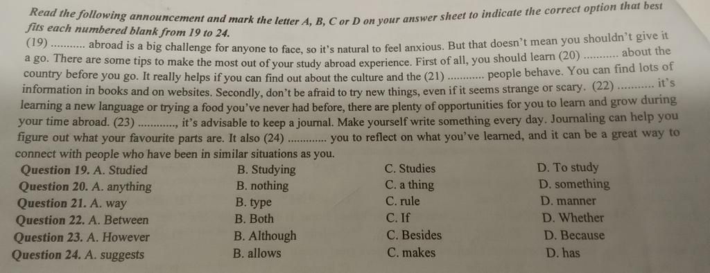 Read the following announcement and mark the letter A, B, C or D on ...