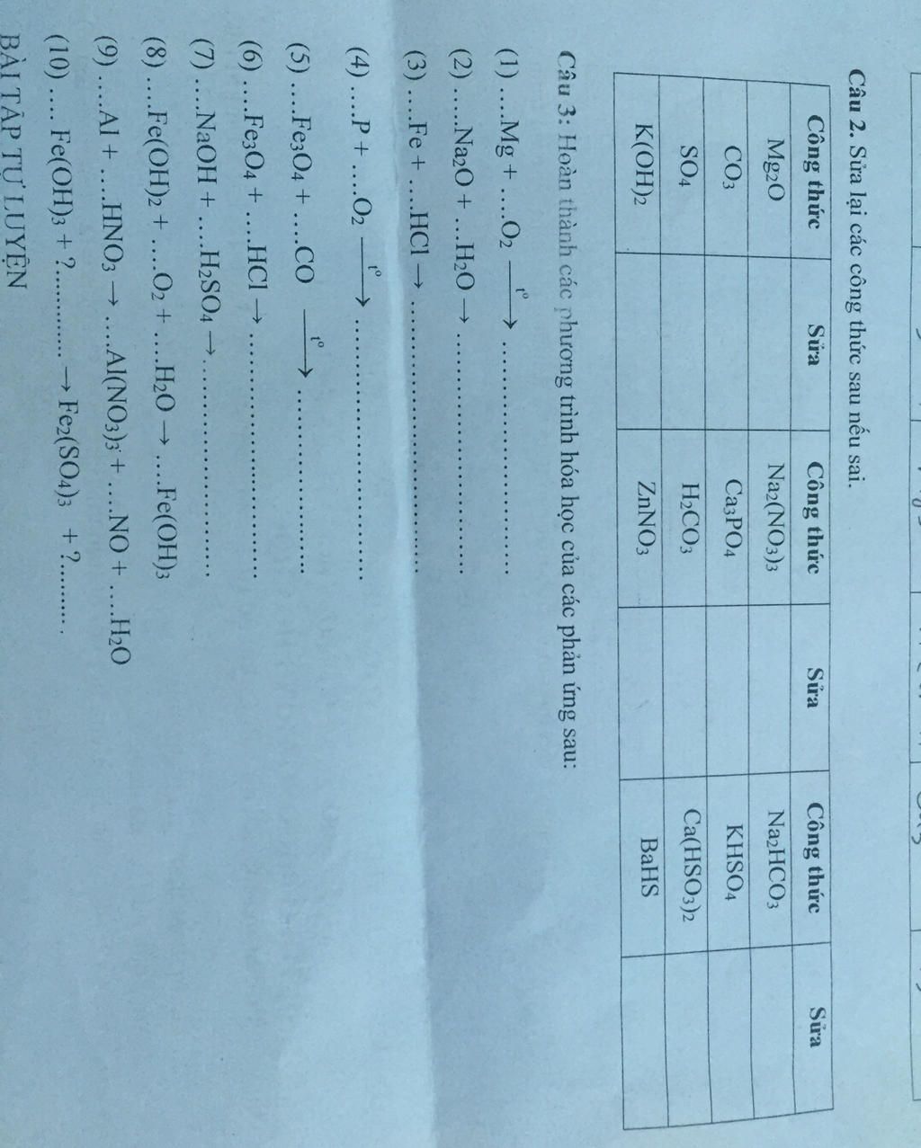 Câu 2. Sửa lại các công thức sau nếu sai. Công thức Mg2O CO3 SO4 Süra ...
