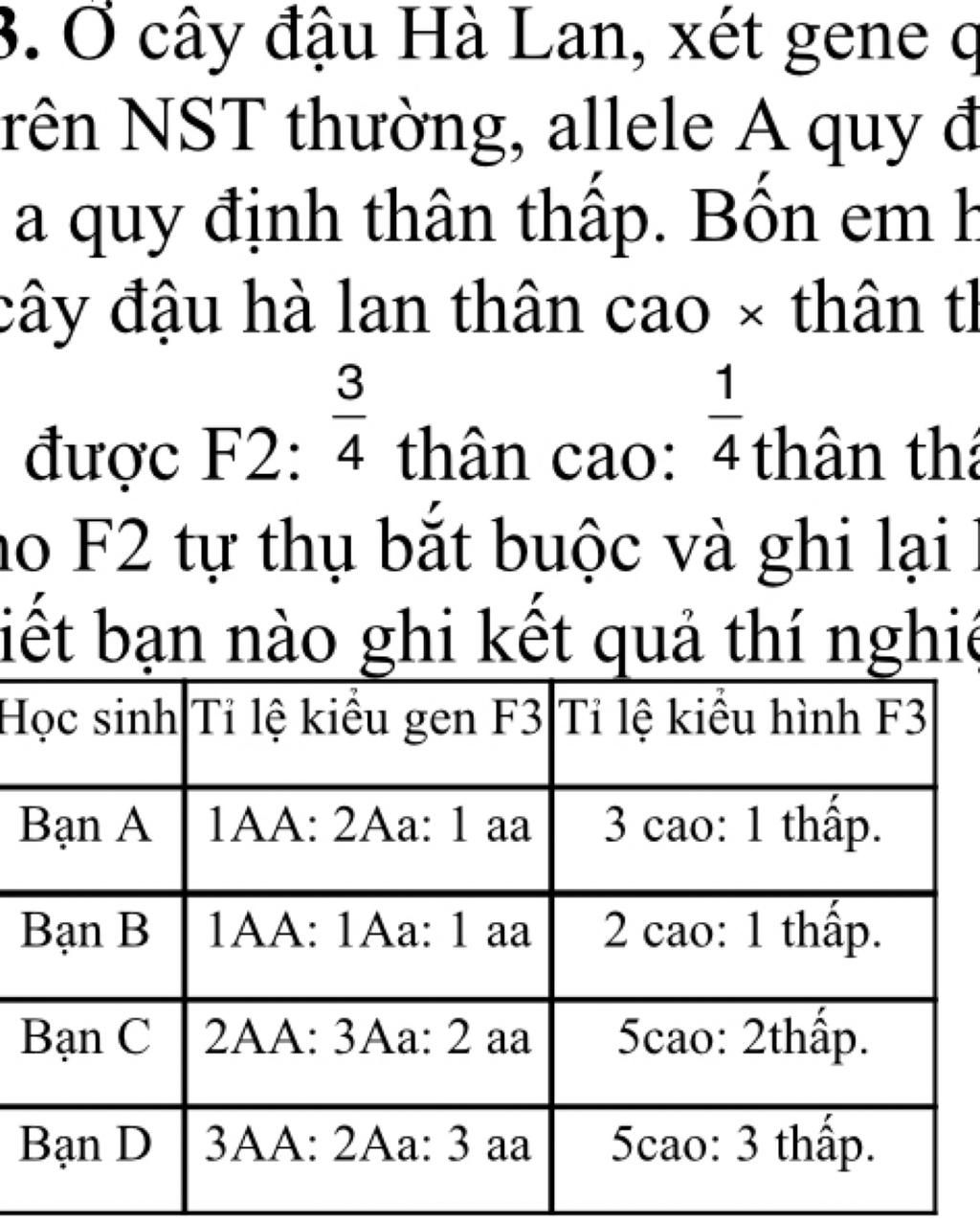 Ở cây đậu Hà Lan, xét gene quy định chiều cao cây có 2 allele nằm trên ...