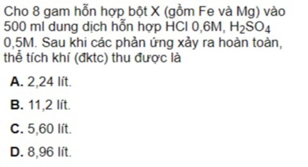 Cho 8 gam hỗn hợp bột X (gồm Fe và Mg) vào 500 ml dung dịch hỗn hợp HCI ...