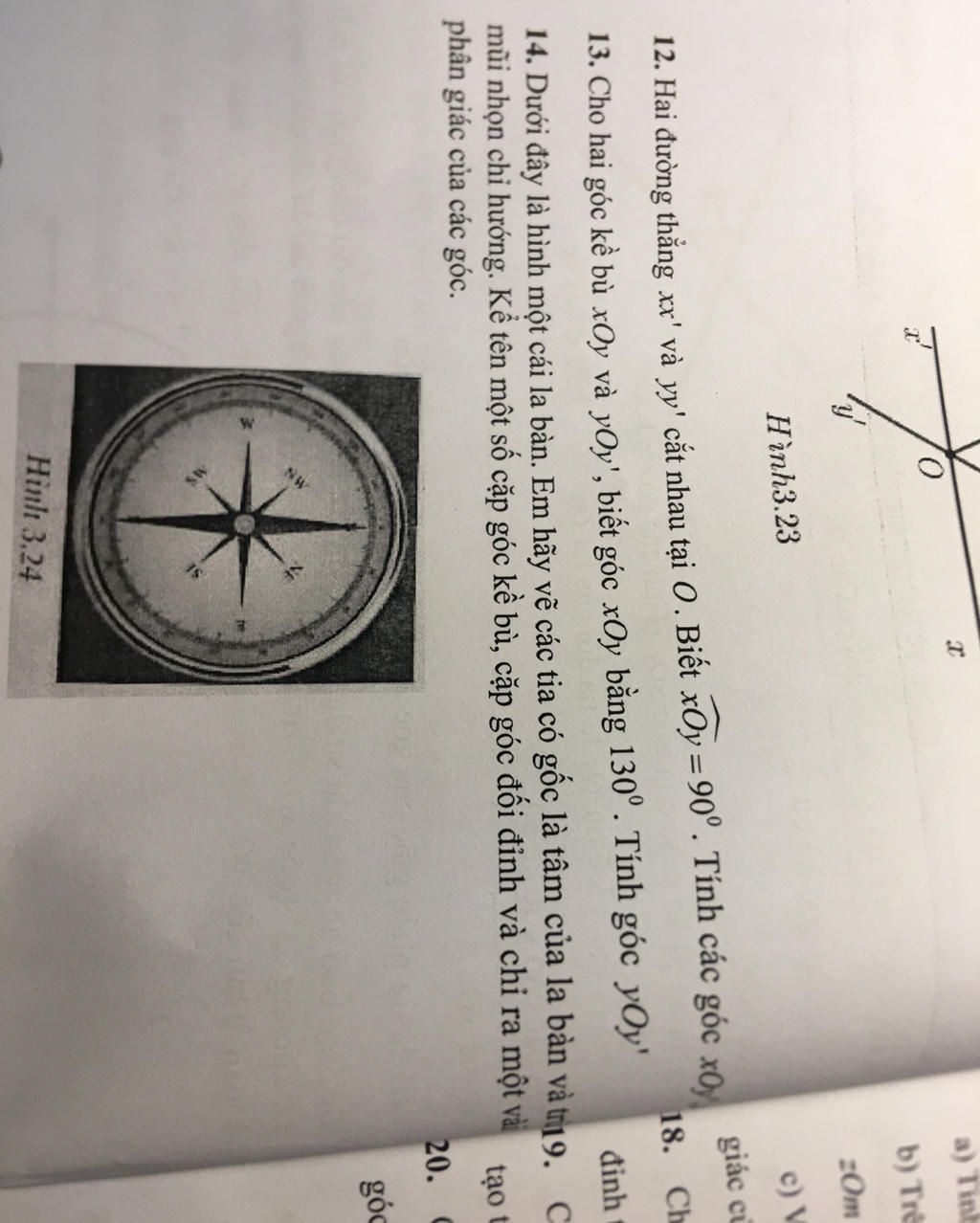 E Hình3.23 12. Hai đường thẳng xx' và yy' cắt nhau tại O. Biết xOy =90°. Tính các góc xây a) b ...