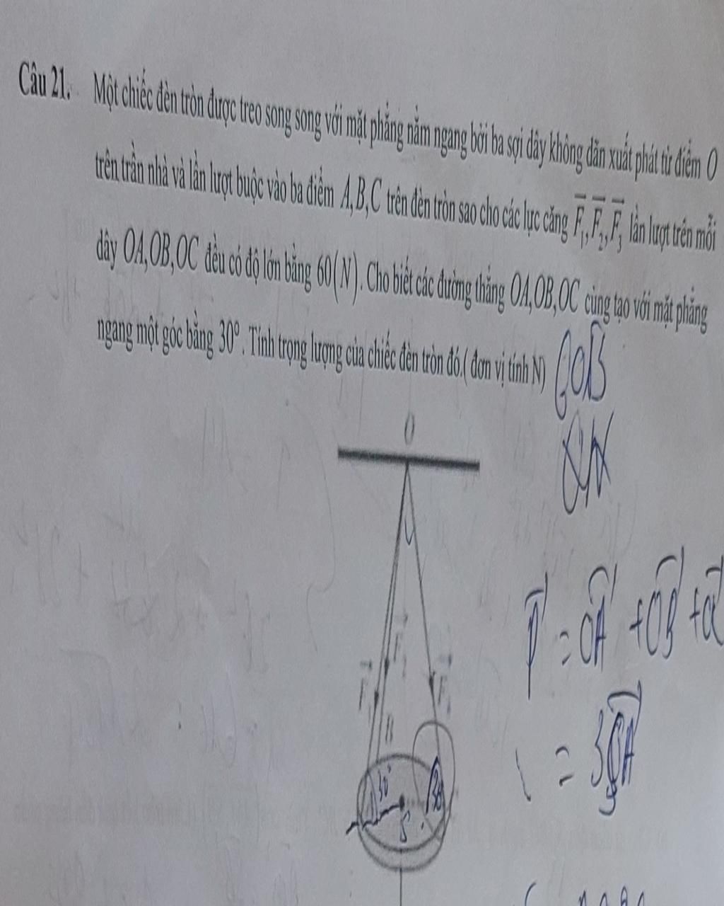 Câu 21. Một chiếc đèn tròn được treo song song với mặt phẳng nằm ngang bởi ba con dậy không dân ...