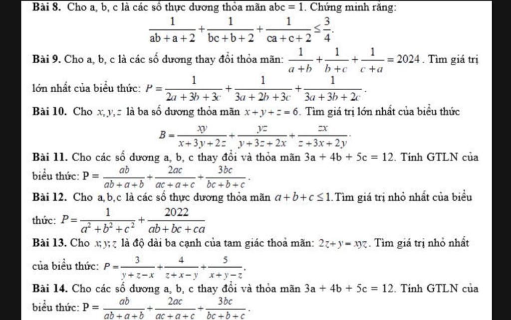 Bài 8. Cho a, b, c là các số thực dương thỏa mãn abc = 1. Chứng minh rằng: