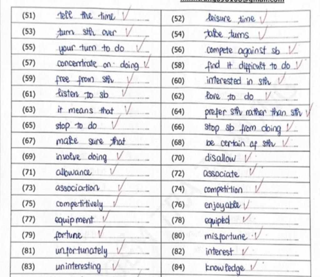 (51) tell the time V (52) leisure time V (53) turn sth over V (54) tate ...