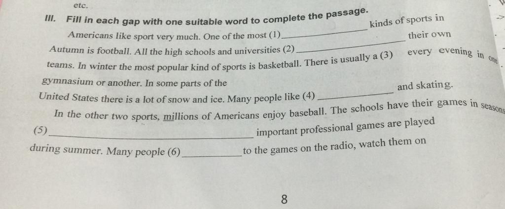 III. etc. Fill in each gap with one suitable word to complete the ...