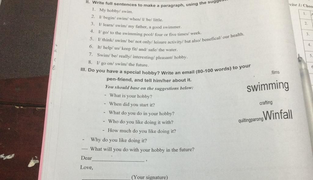 cise 1: Choo 1. A 2. II. Write full sentences to make a paragraph ...