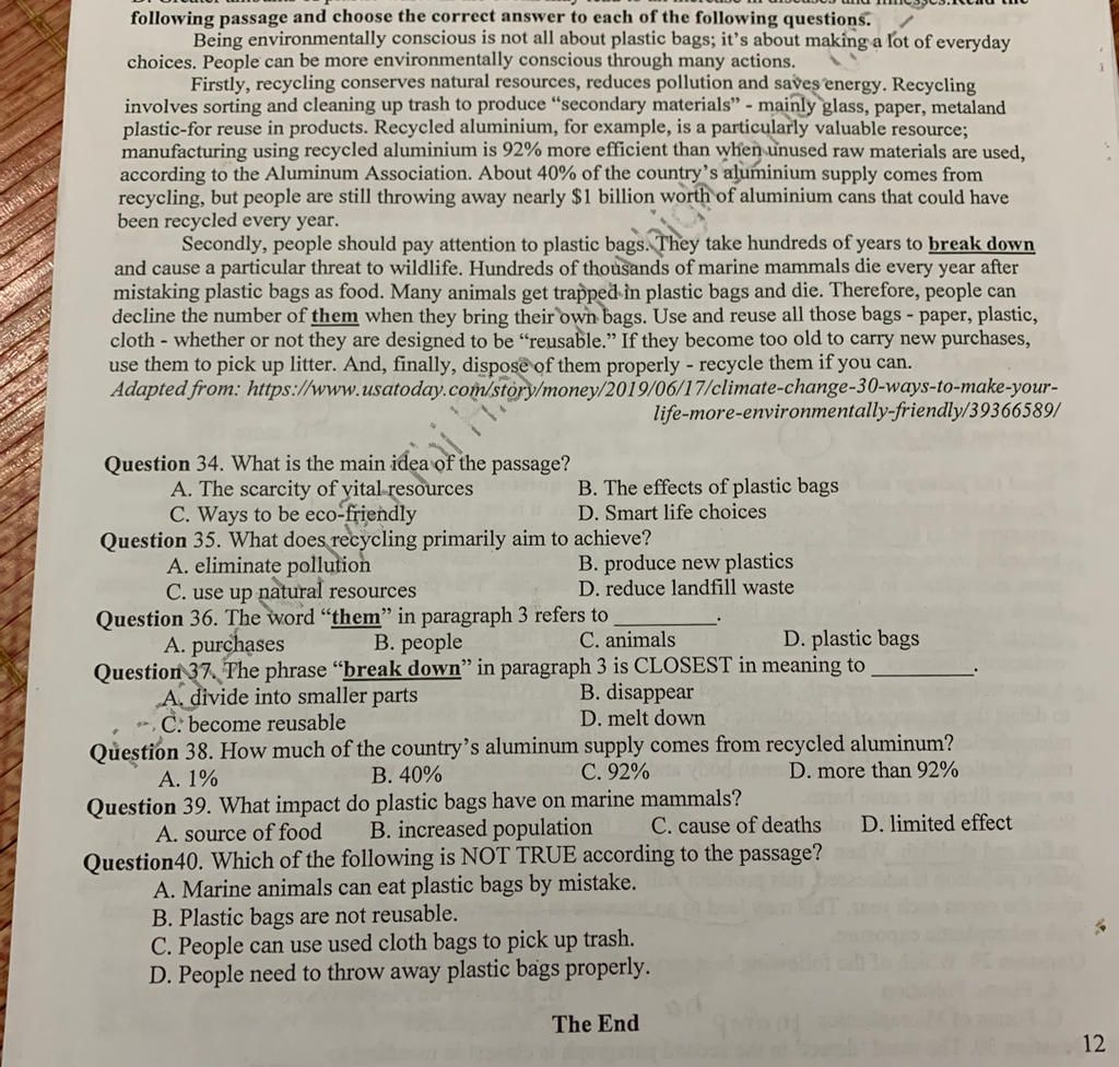 following passage and choose the correct answer to each of the ...