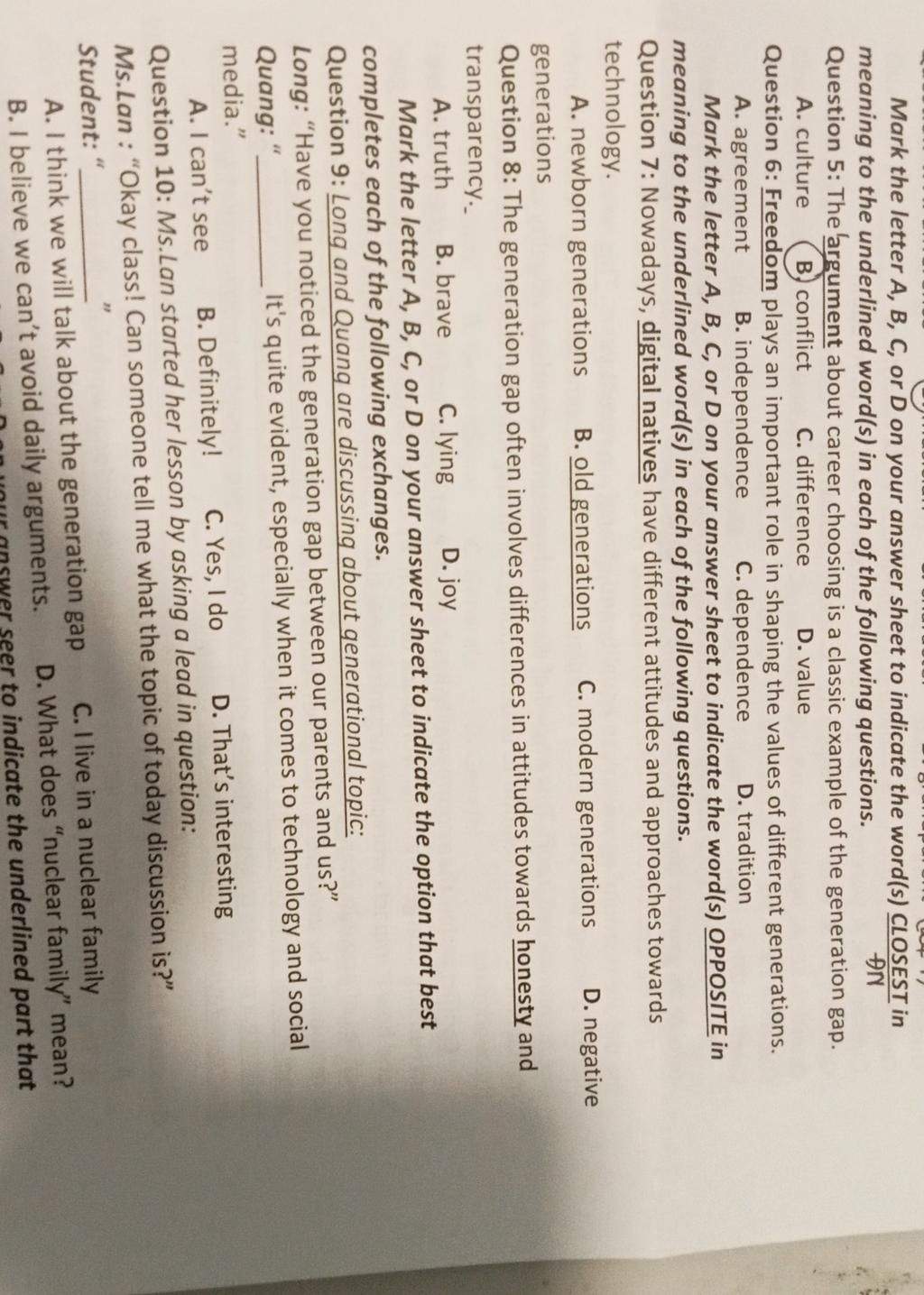 Mark the letter A, B, C, or D on your answer sheet to indicate the word ...