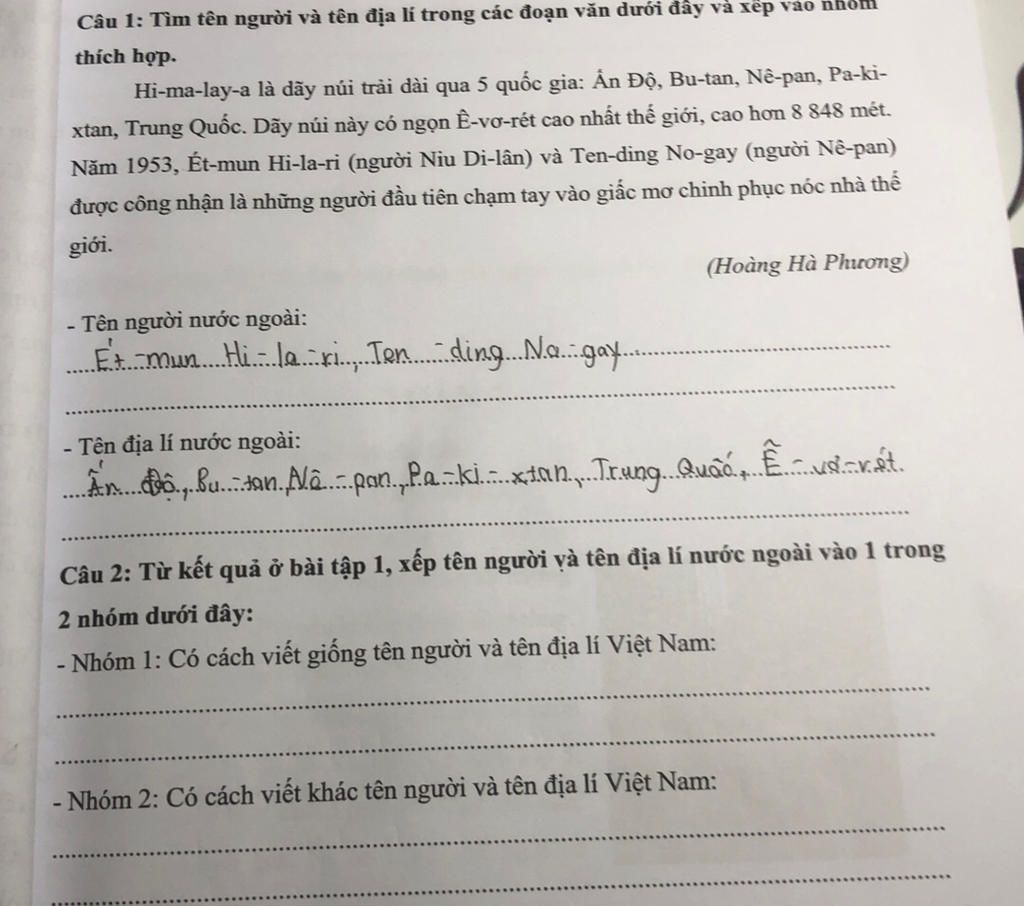 Câu 1: Tìm tên người và tên địa lí trong các đoạn văn dưới đây và xếp ...