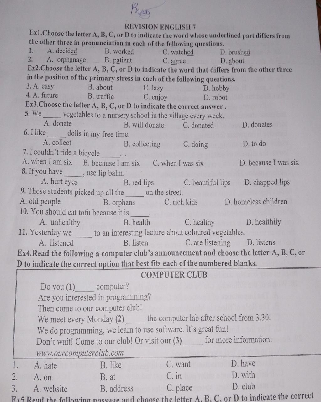 3. A. easy 4. A. future 5. We REVISION ENGLISH 7 Ex1.Choose the letter ...