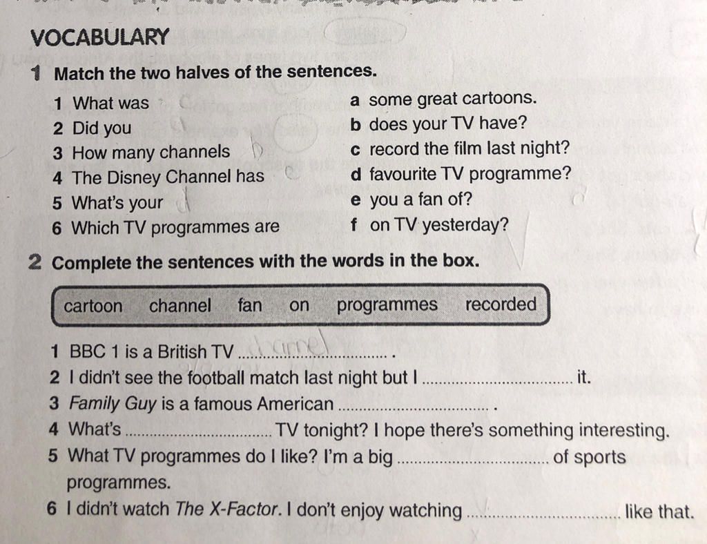 VOCABULARY 1 Match the two halves of the sentences. 1 What was 2 Did ...