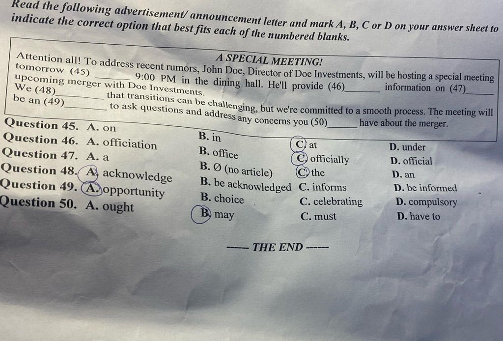 Read the following advertisement/ announcement letter and mark A, B, C or D on your answer sheet ...