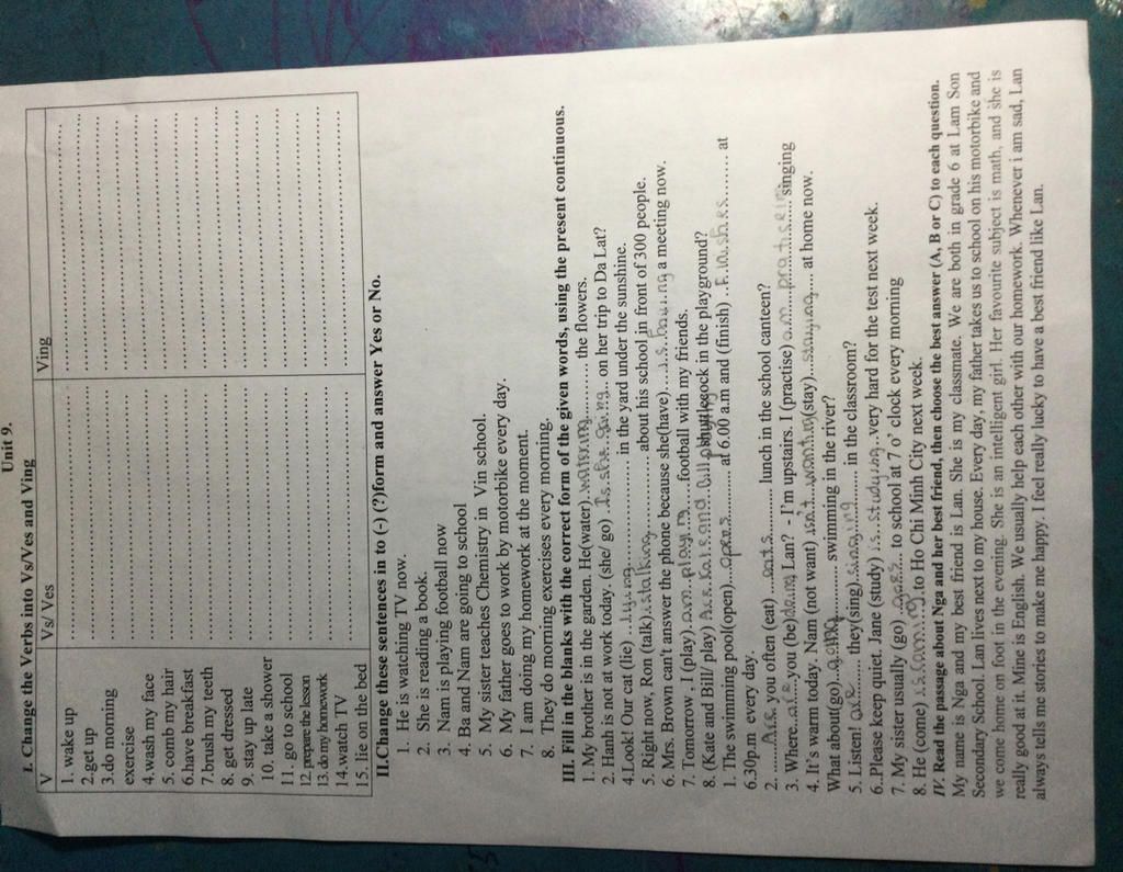 Unit 9. Ving 1. Change the Verbs into Vs/Ves and Ving V 1. wake up 2 ...