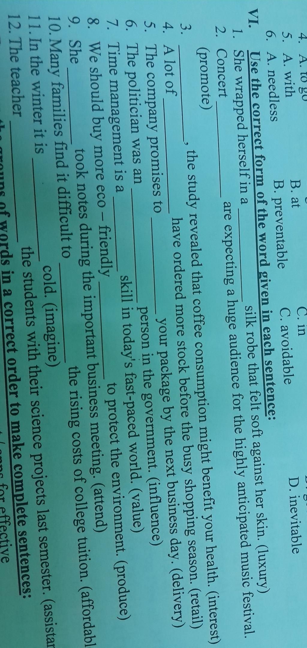 4. A. to g VI. 5. A. with 6. A. needless B. at B. preventable C. in C ...