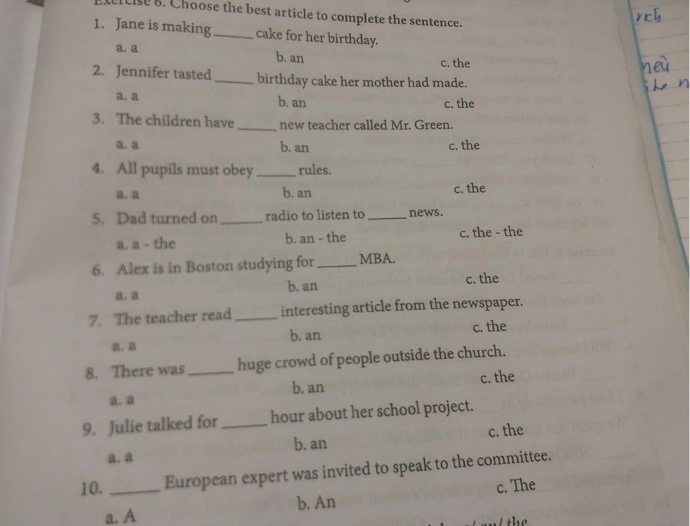 a. a Choose the best article to complete the sentence. 1. Jane is ...