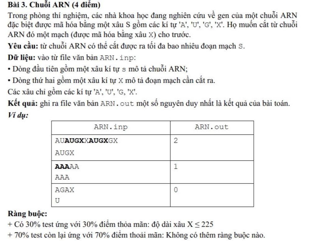 Bài 3. Chuỗi ARN (4 điểm) Trong phòng thí nghiệm, các nhà khoa học đang ...