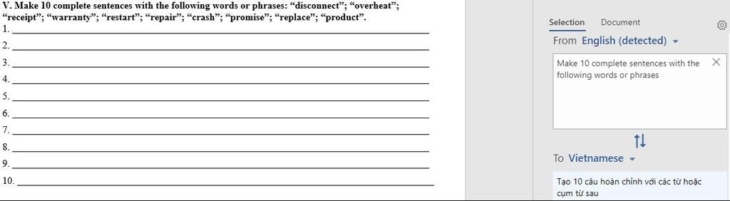 V. Make 10 complete sentences with the following words or phrases ...