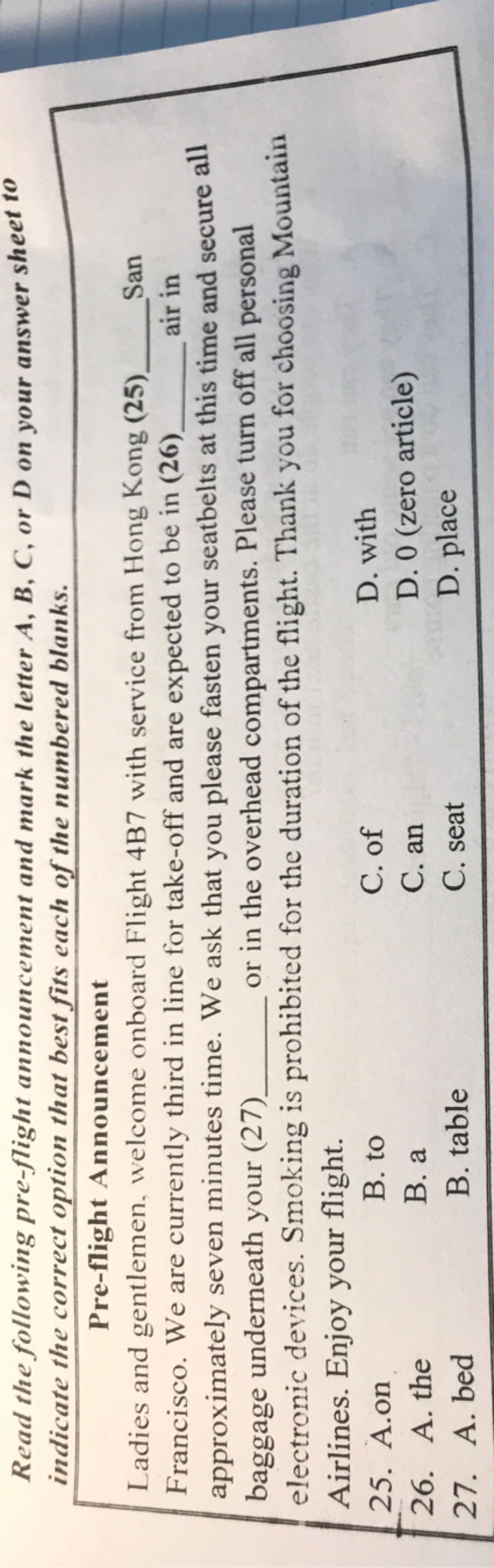 Read the following pre-flight announcement and mark the letter A, B, C ...