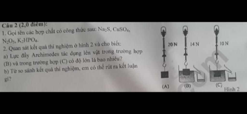 Câu 2 (2,0 điêm): 1. Gọi tên các hợp chất có công thức sau: $\mathrm{Na ...