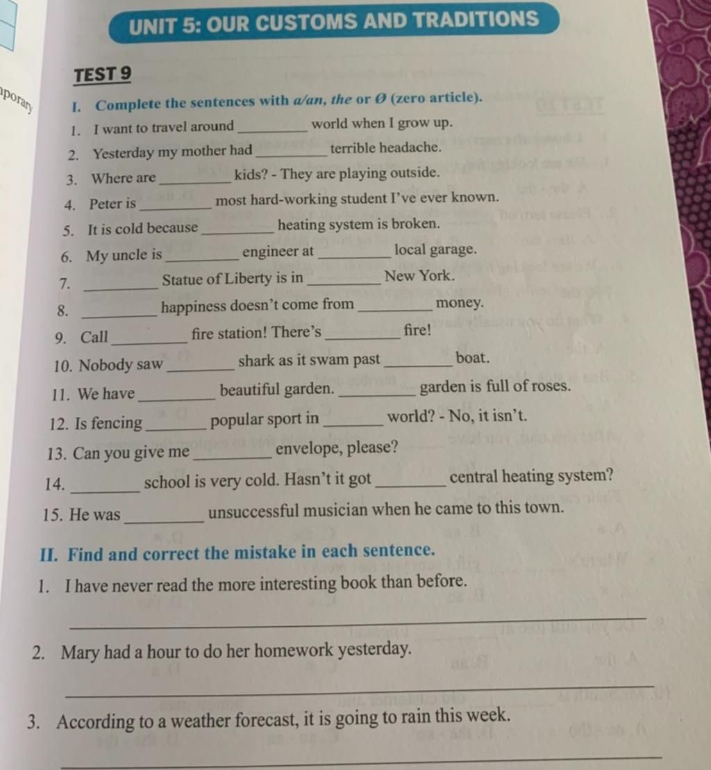 porary TEST 9 UNIT 5: OUR CUSTOMS AND TRADITIONS I. Complete the ...