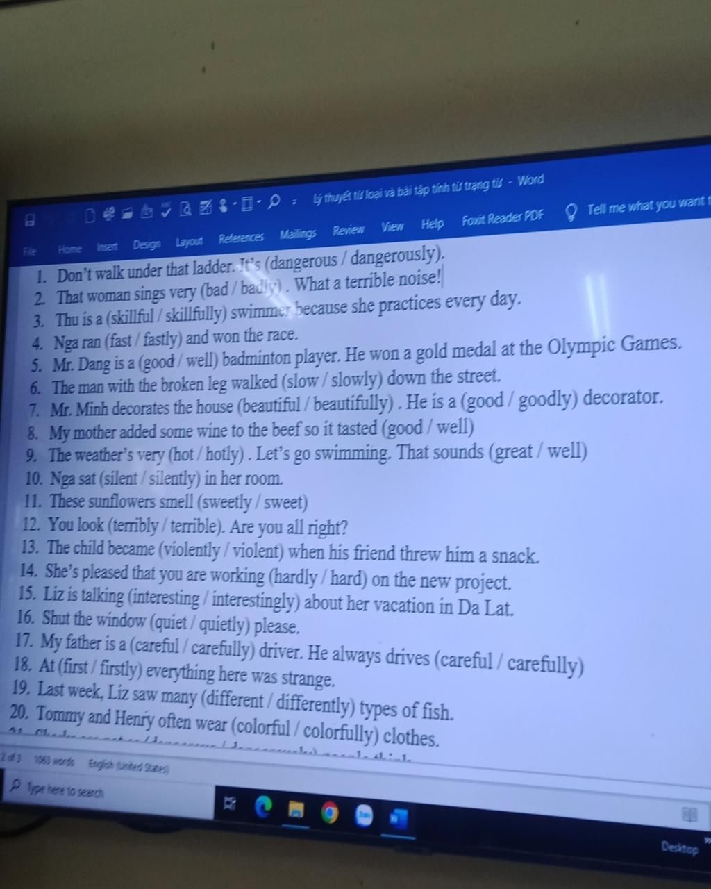 T Lý thuyết từ cối và bài tập tính từ trạng từ - Word Fille Home Insert Design Layout References ...