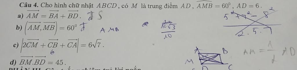 Câu 4. Cho hình chữ nhật ABCD, có M là trung điểm AD, AMB = 60°, AD = 6 ...