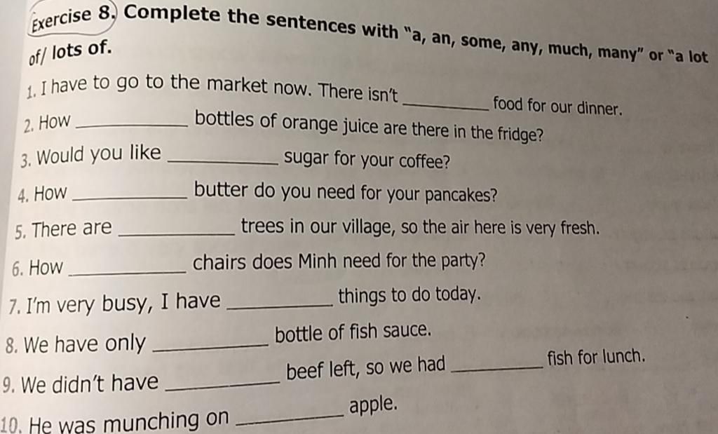 Exercise 8. Complete the sentences with "a, an, some, any, much, many ...