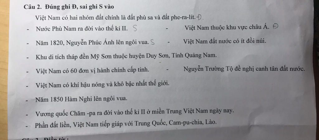 Câu 2. Đúng ghi Đ, sai ghi S vào Việt Nam có hai nhóm đất chính là đất ...