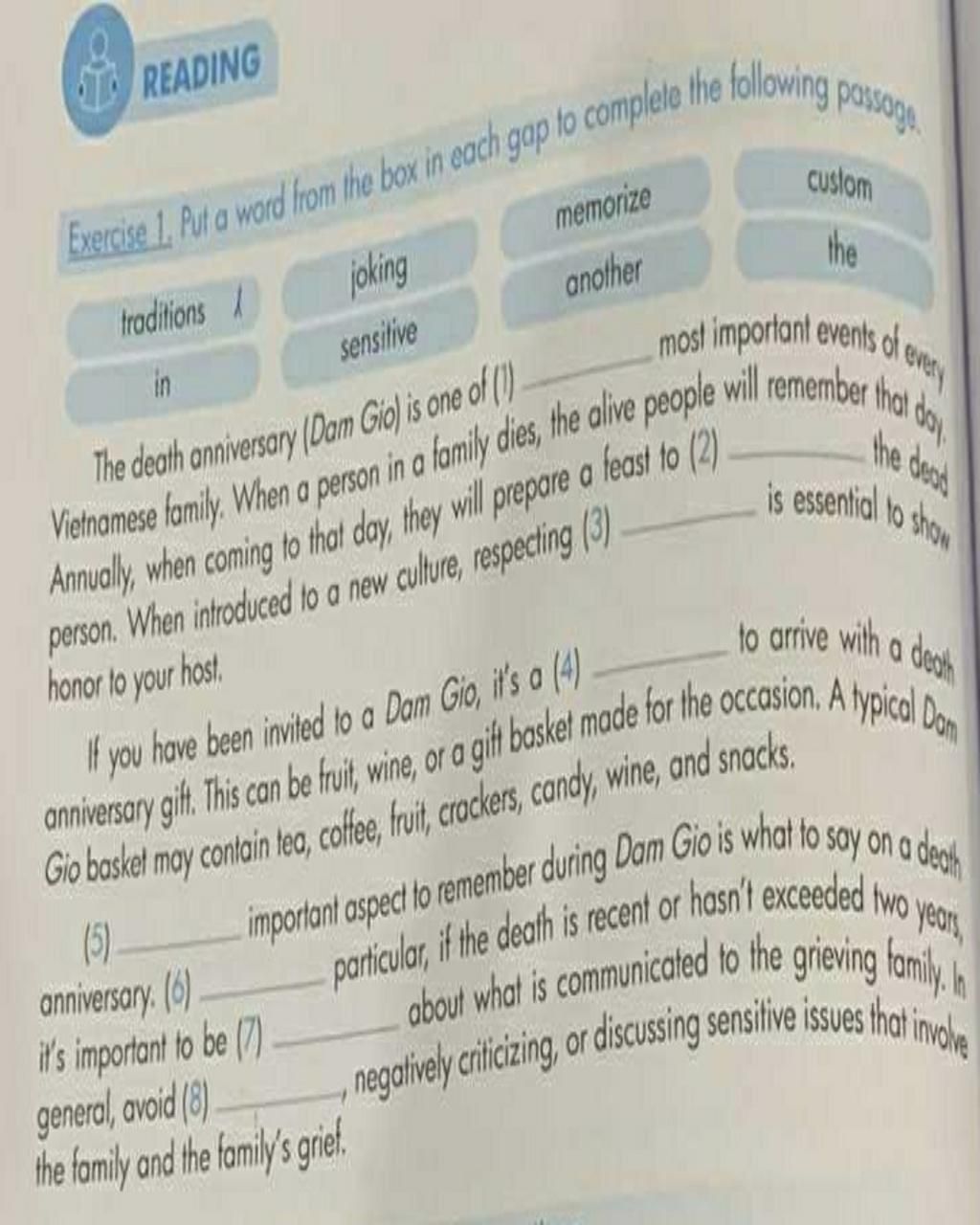 READING Exercise 1. Put a word from the box in each gap to complete the ...