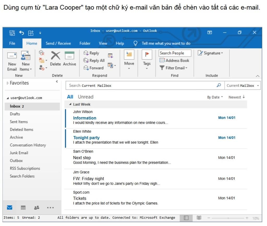 Dùng cụm từ "Lara Cooper" tạo một chữ ký e-mail văn bản để chèn vào tất ...