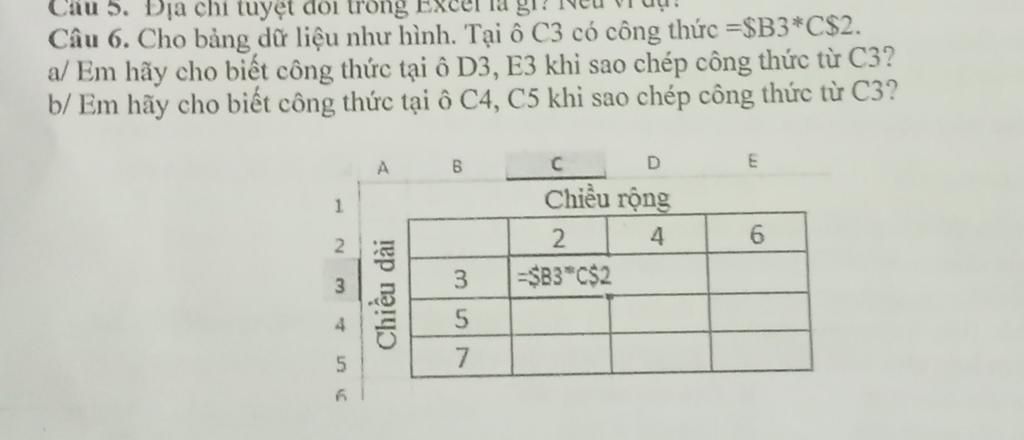 Cho bảng dữ liệu như hình . tại ô C3 có công thức =$B3*C$2. a) Em hãy ...