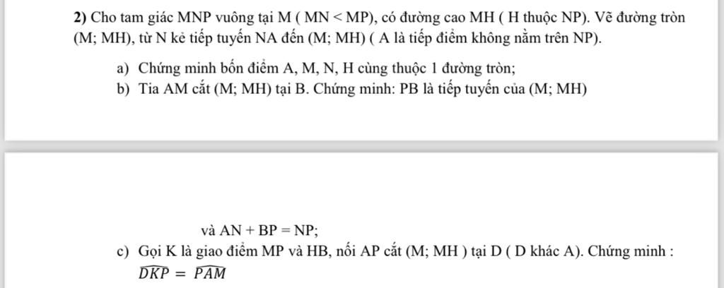 2) Cho tam giác MNP vuông tại M ( MN